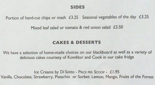 Menu at Kalendar cafe, London