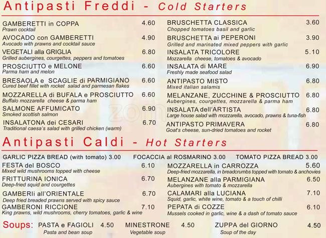 Menu at L'Artista pizzeria, Watford, 60-62 High St