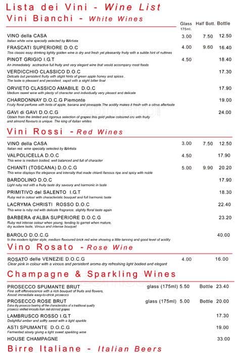 Menu at L'Artista pizzeria, Watford, 60-62 High St