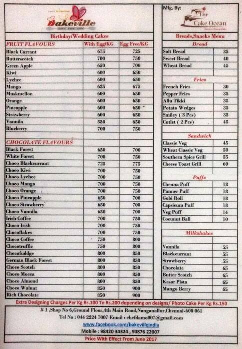 Menu at Bakeville, Chennai, No -21