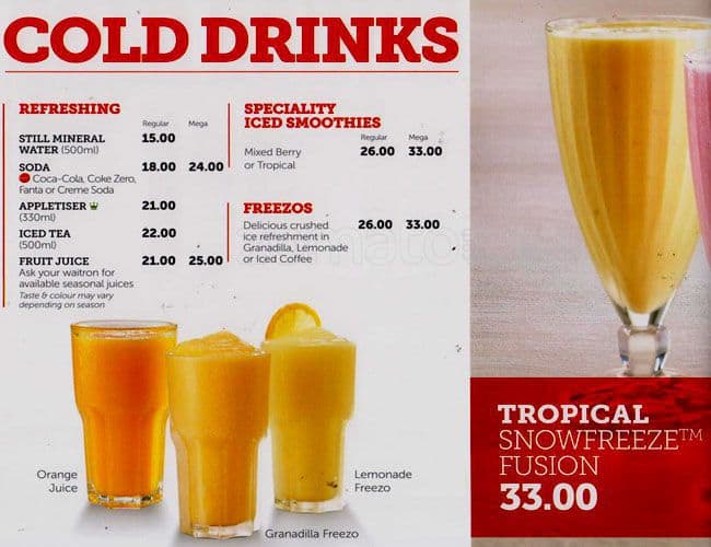 Menu at Wimpy restaurant, Umhlanga, Shop 67B