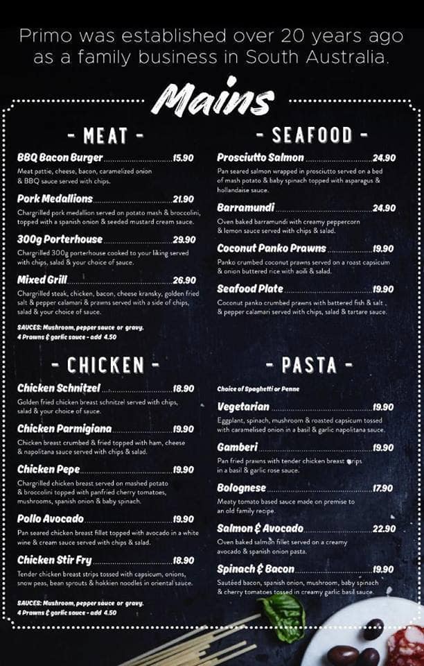 Carta del restaurante Caffe Primo, Seaford