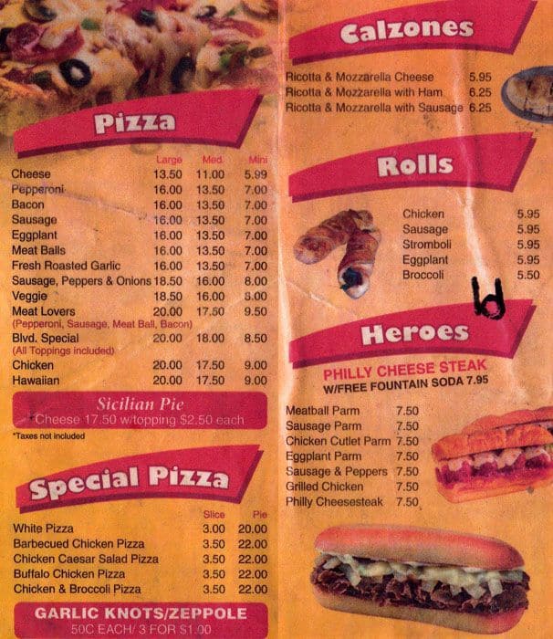Menu at Blvd Pizzeria, New York City, Queens Blvd