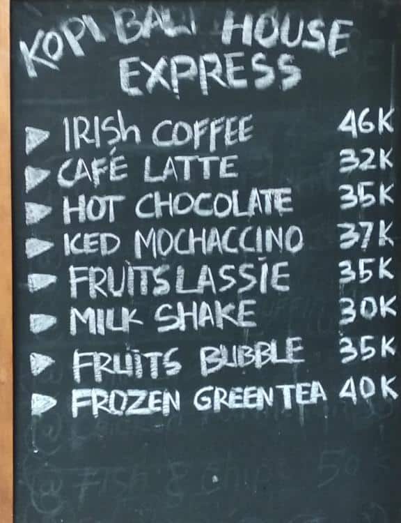 Menu at Kopi Bali House express cafe, Gianyar
