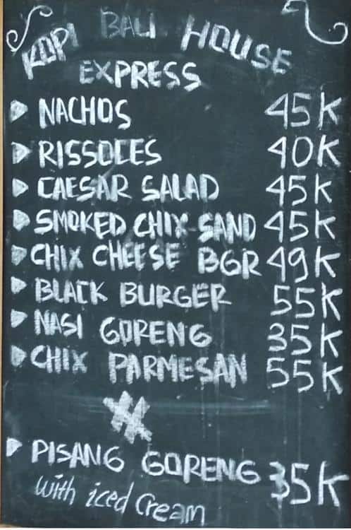 Menu at Kopi Bali House express cafe, Gianyar