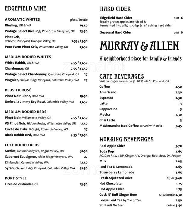Menu at McMenamins Murray & Allen pub & bar, Beaverton
