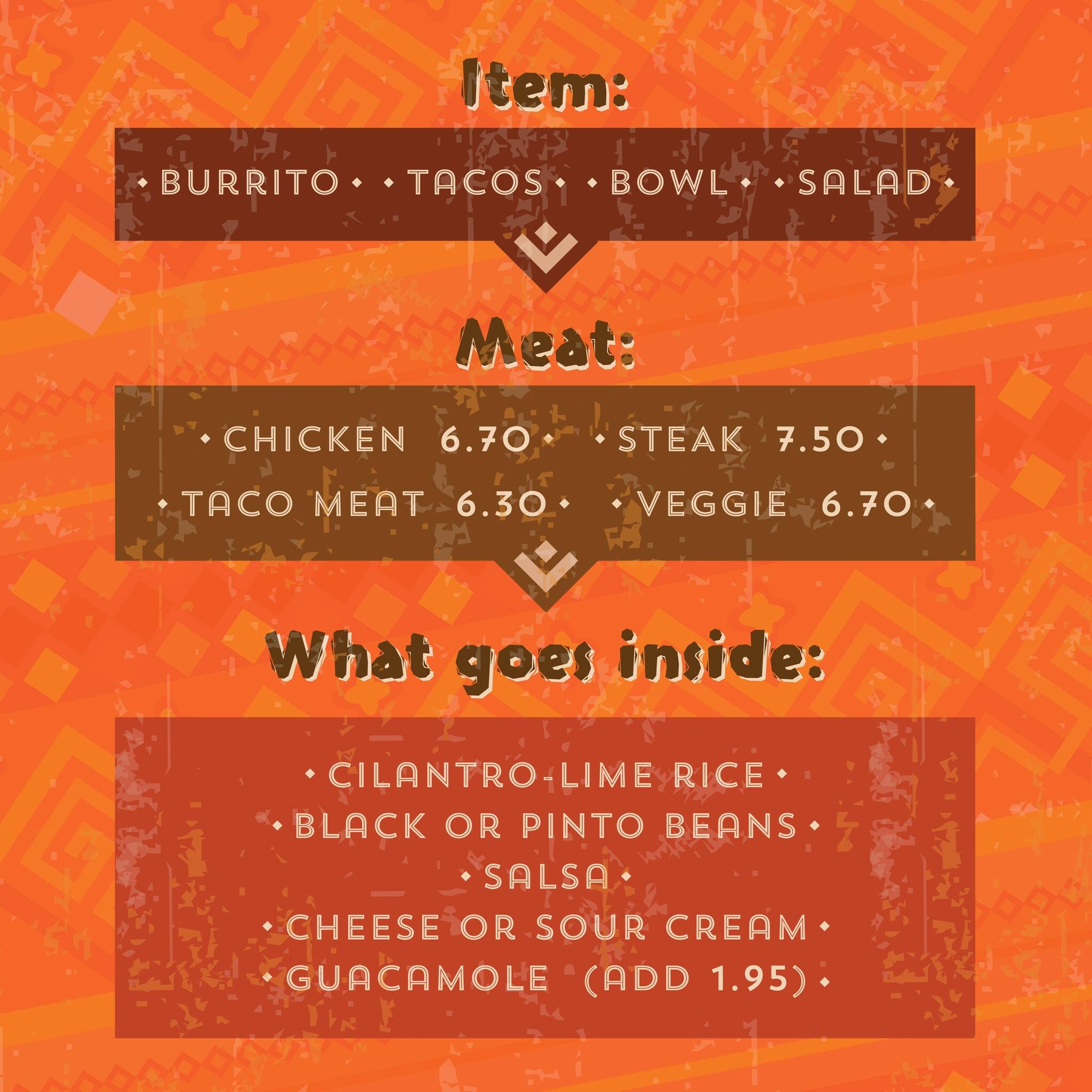 Menu at Taco Churro's restaurant, Baton Rouge