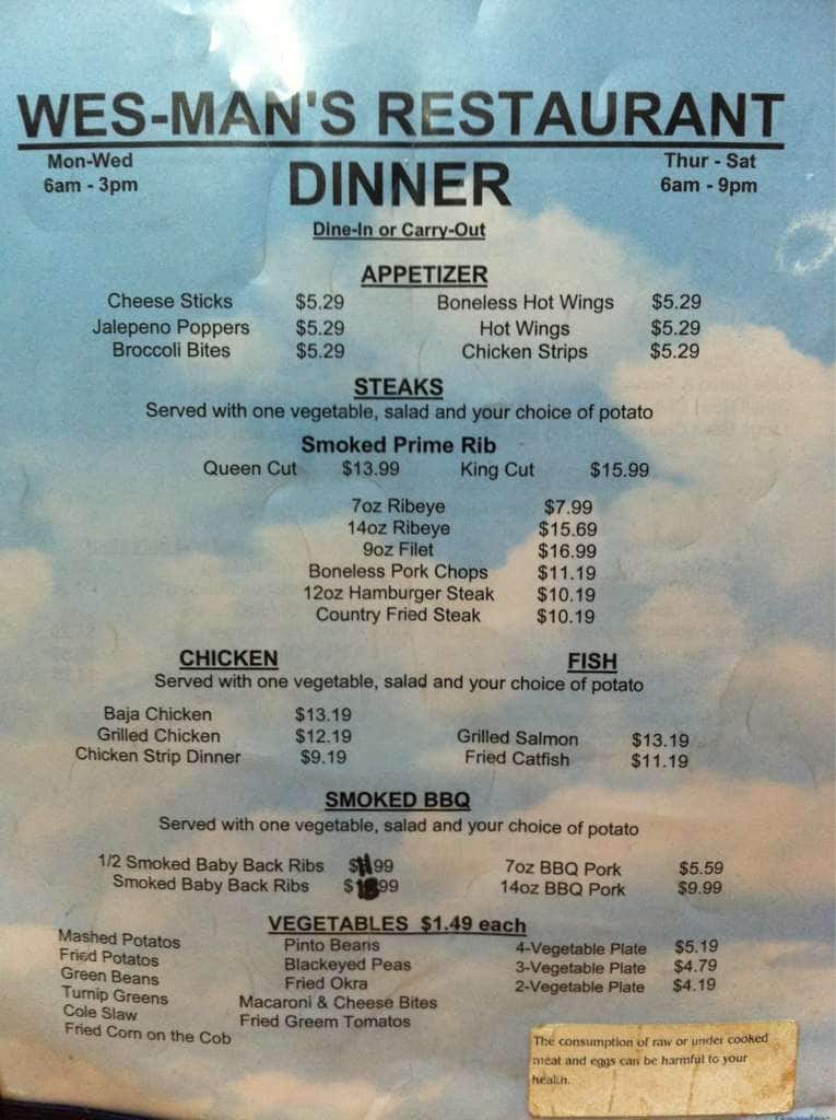 Menu at Wes-Man’s Restaurant, White