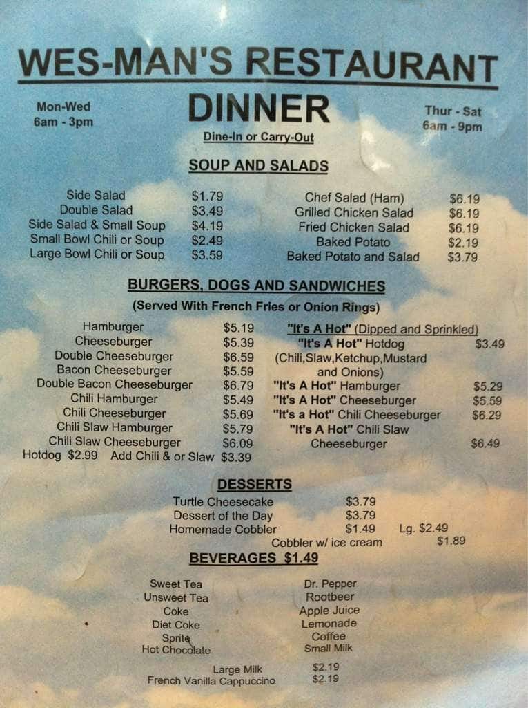 Menu at Wes-Man’s Restaurant, White