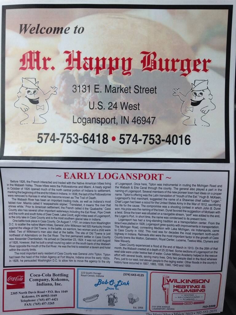 Menu at Happy Burger fast food, Logansport, E Market St