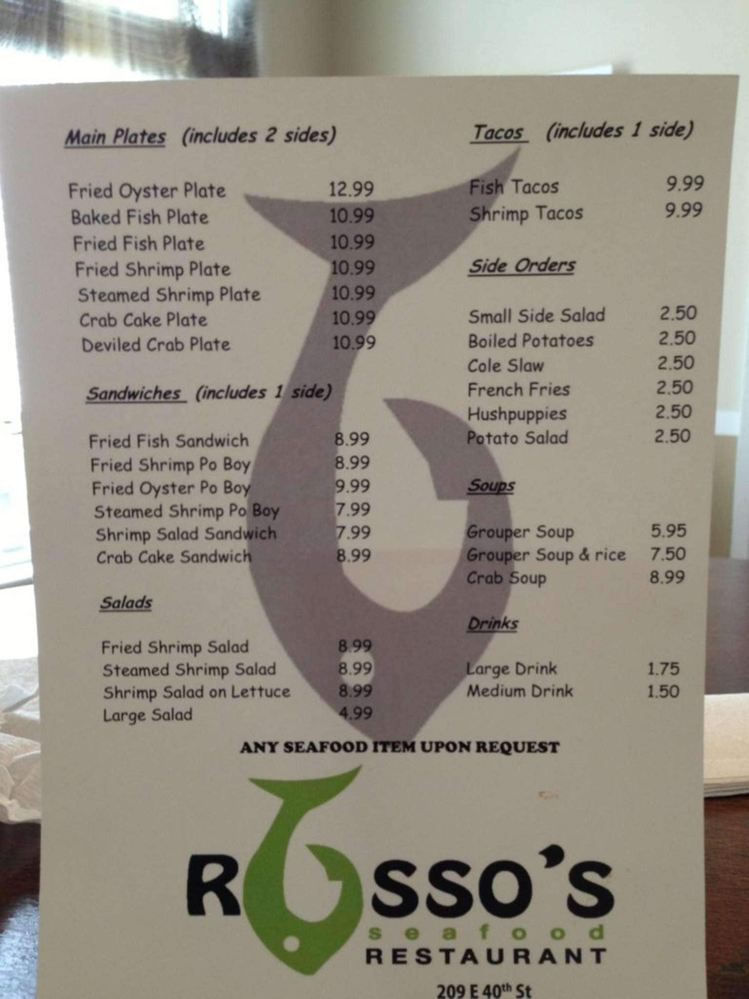 Menu at Russo's restaurant, Savannah, 201 E 40th St