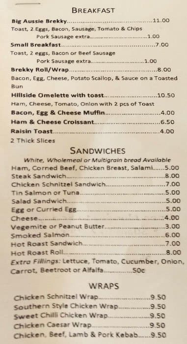 Menu at Hillside Cafe, Yatala