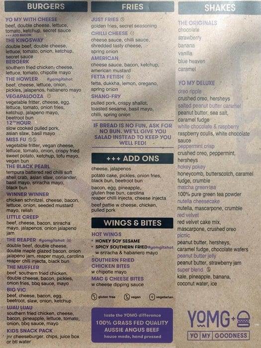 YOMG - Yo My Goodness Menu, Menu for YOMG - Yo My Goodness, Mordialloc ...