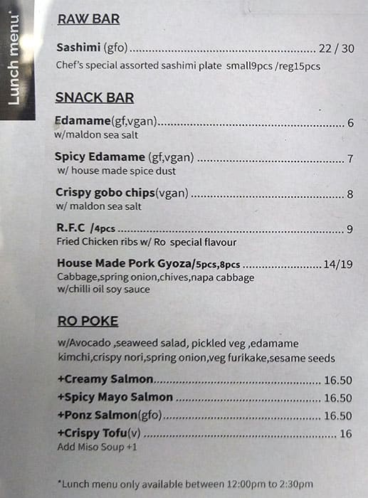 Menu at Ro Brighton restaurant, Brighton