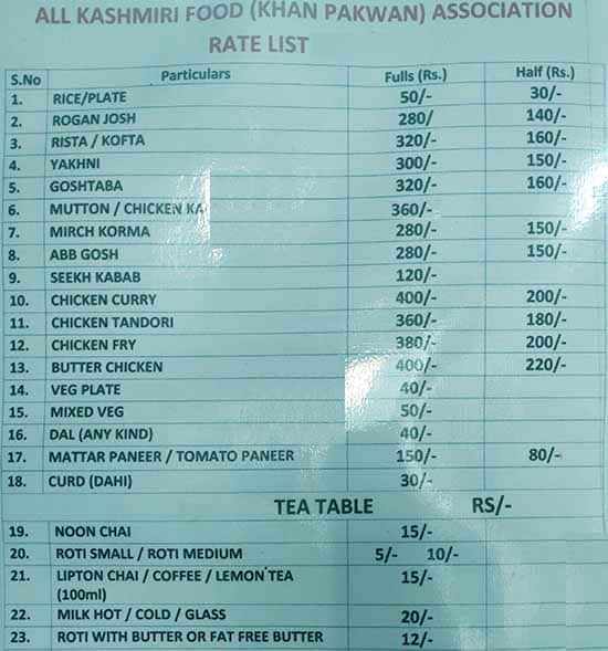 Menu of Kashmir e Khas, Lal Kuan, Jammu