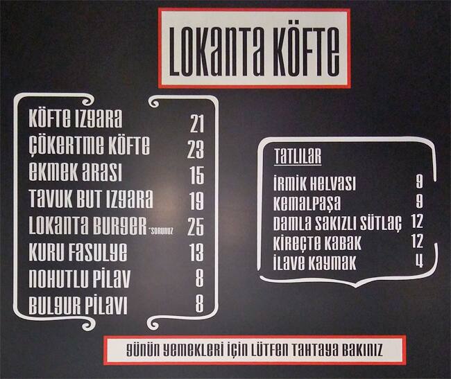 Menu at Lokanta Köfte, Istanbul