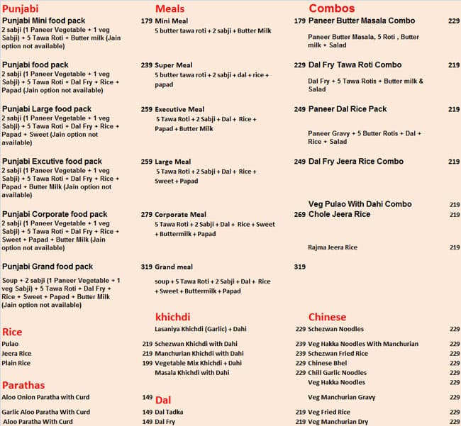 Menu of Urban Foods, Chandkheda, Ahmedabad