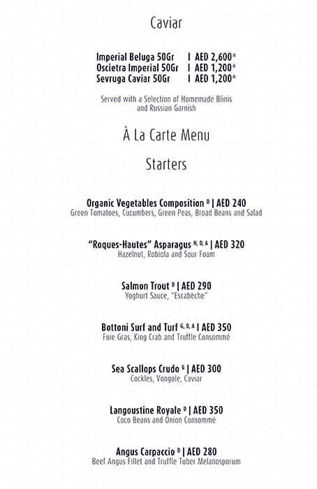 Menu of Al Muntaha - Burj Al Arab, Umm Suqeim, Dubai