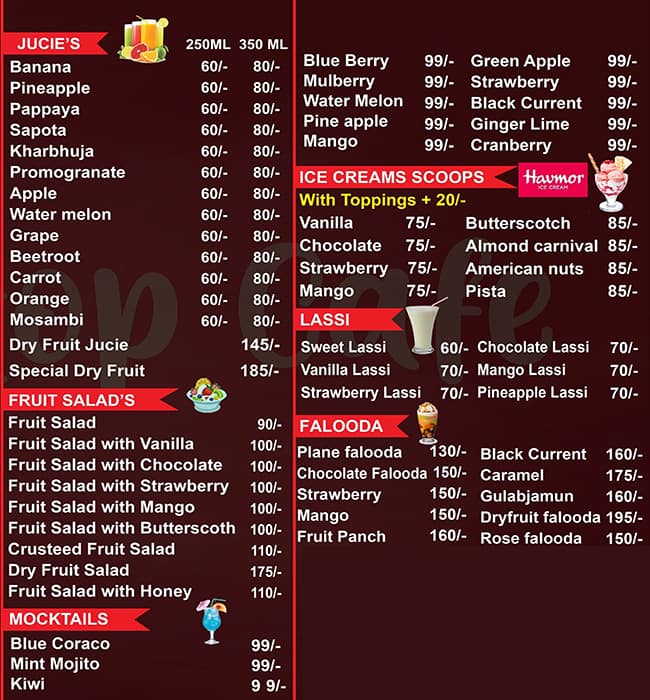 Menu at One Stop Cafe, Mangalagiri