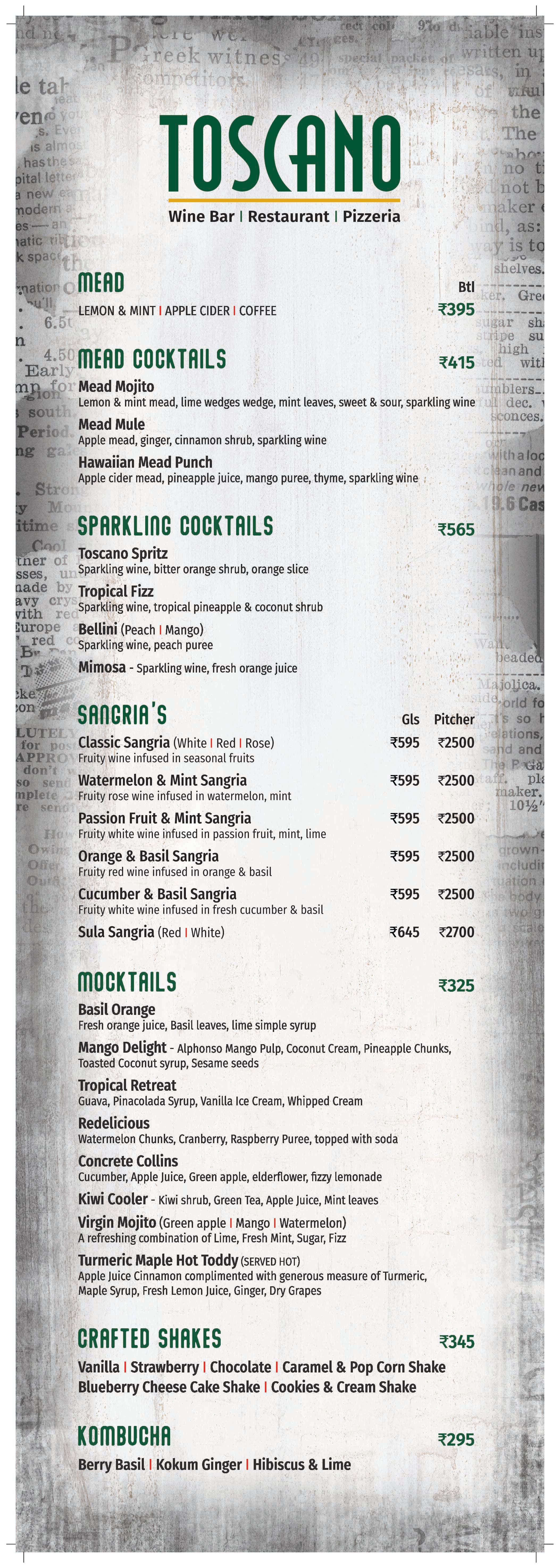 Menu of Toscano, Jakkur, Bangalore