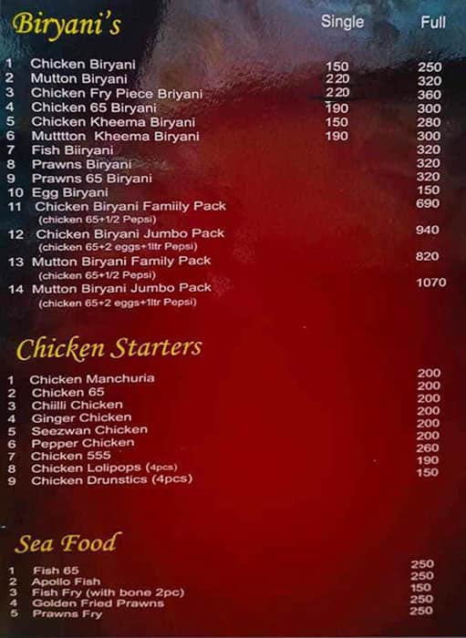 Menu of Biryani Best, Begumpet, Hyderabad