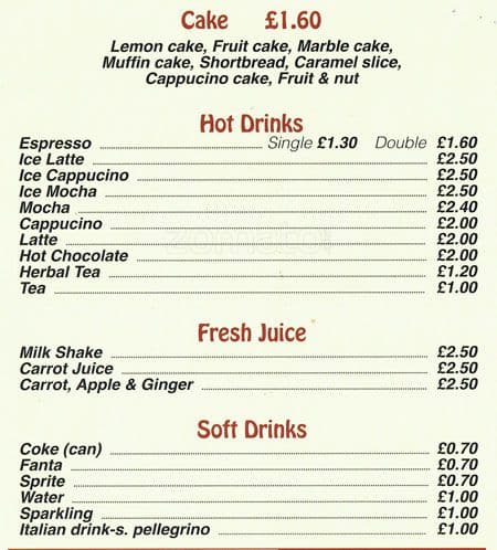 Menu at La brioche cafe, London, 156 Hammersmith Rd