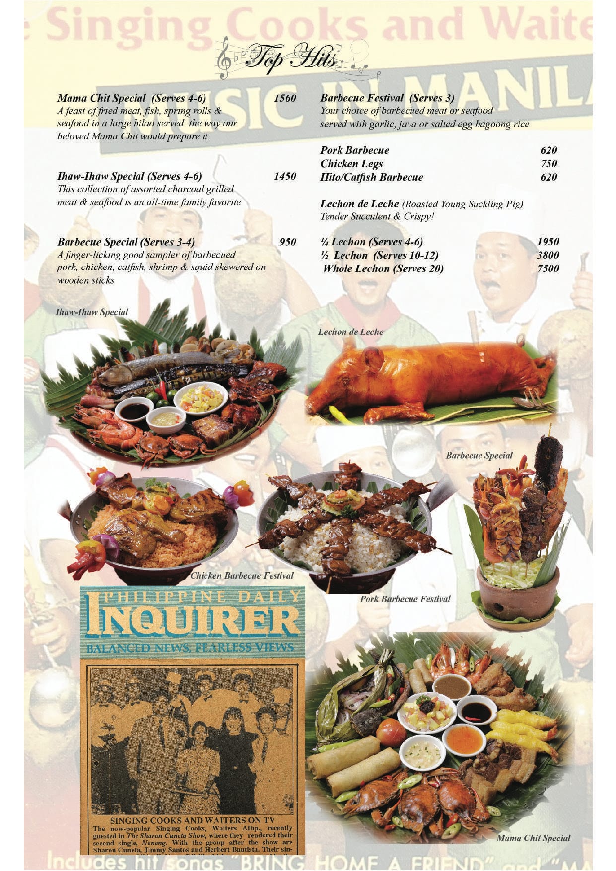 Menu at The Singing Cooks And Waiters restaurant, Pasay