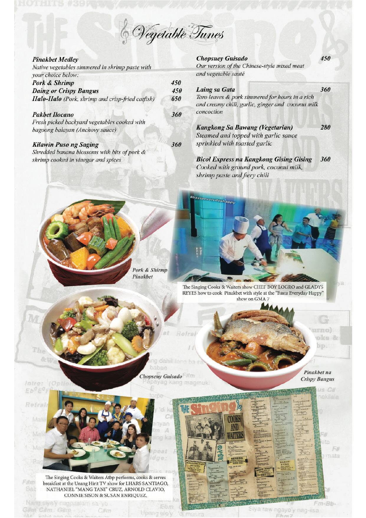 Menu at The Singing Cooks And Waiters restaurant, Pasay