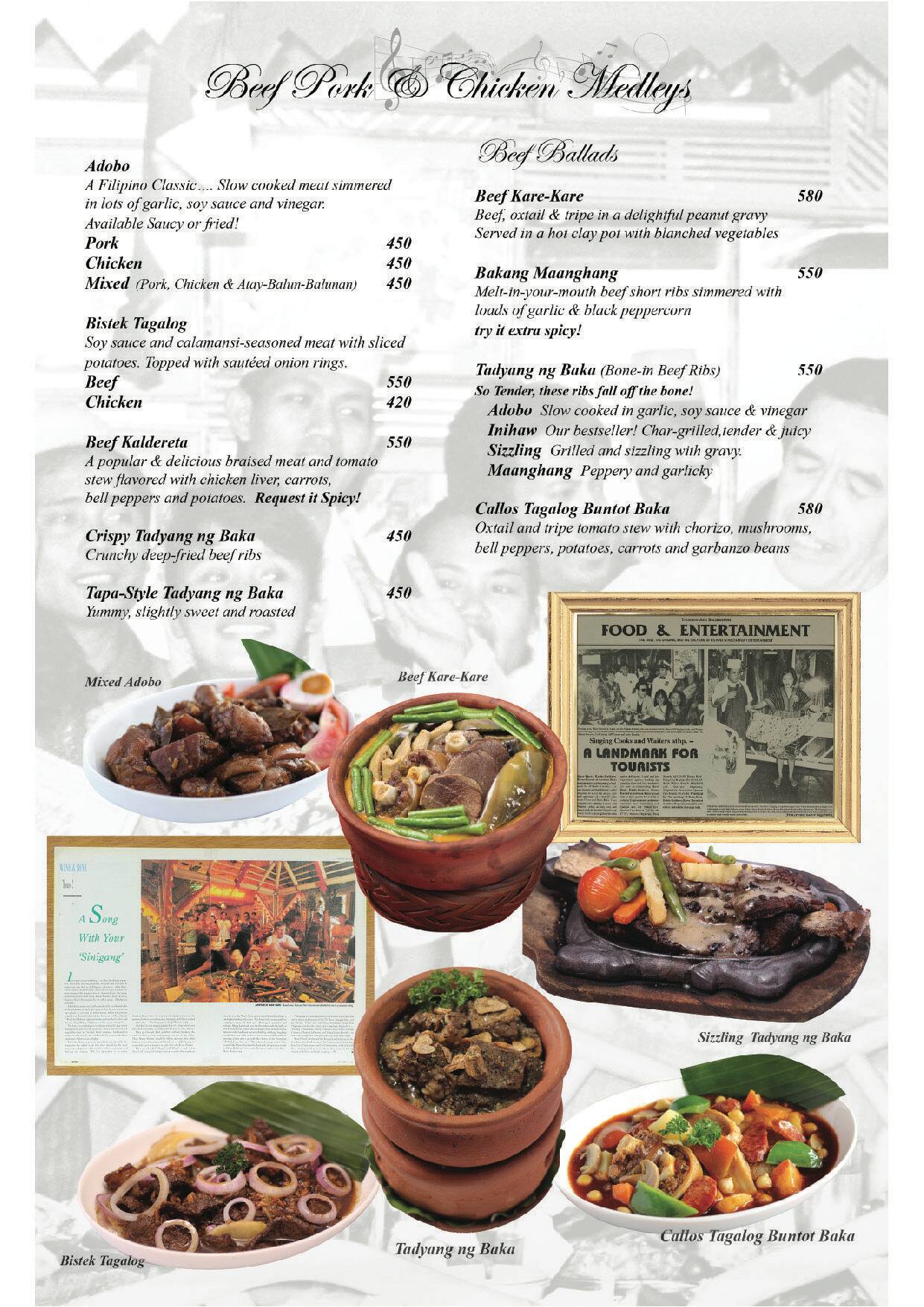 Menu at The Singing Cooks And Waiters restaurant, Pasay
