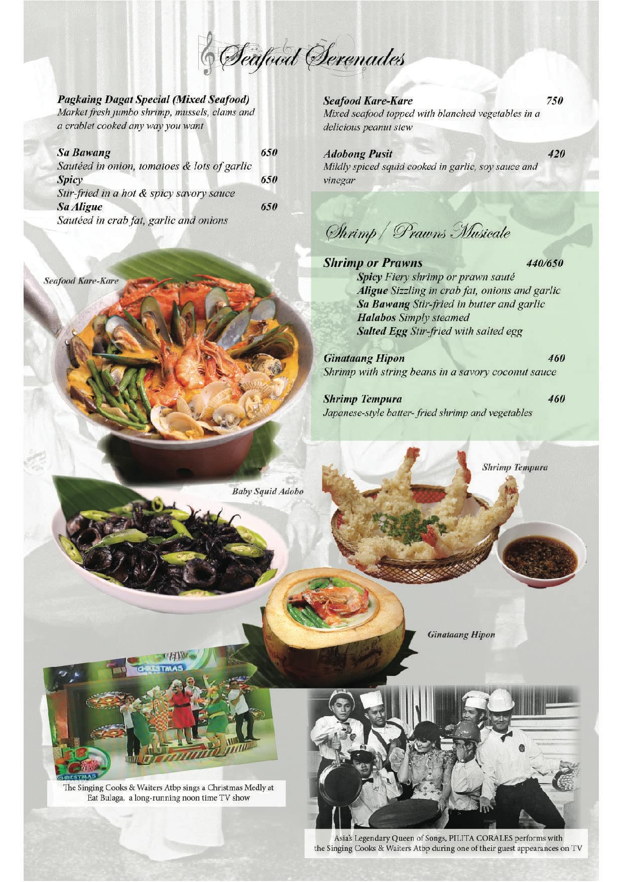 Menu at The Singing Cooks And Waiters restaurant, Pasay