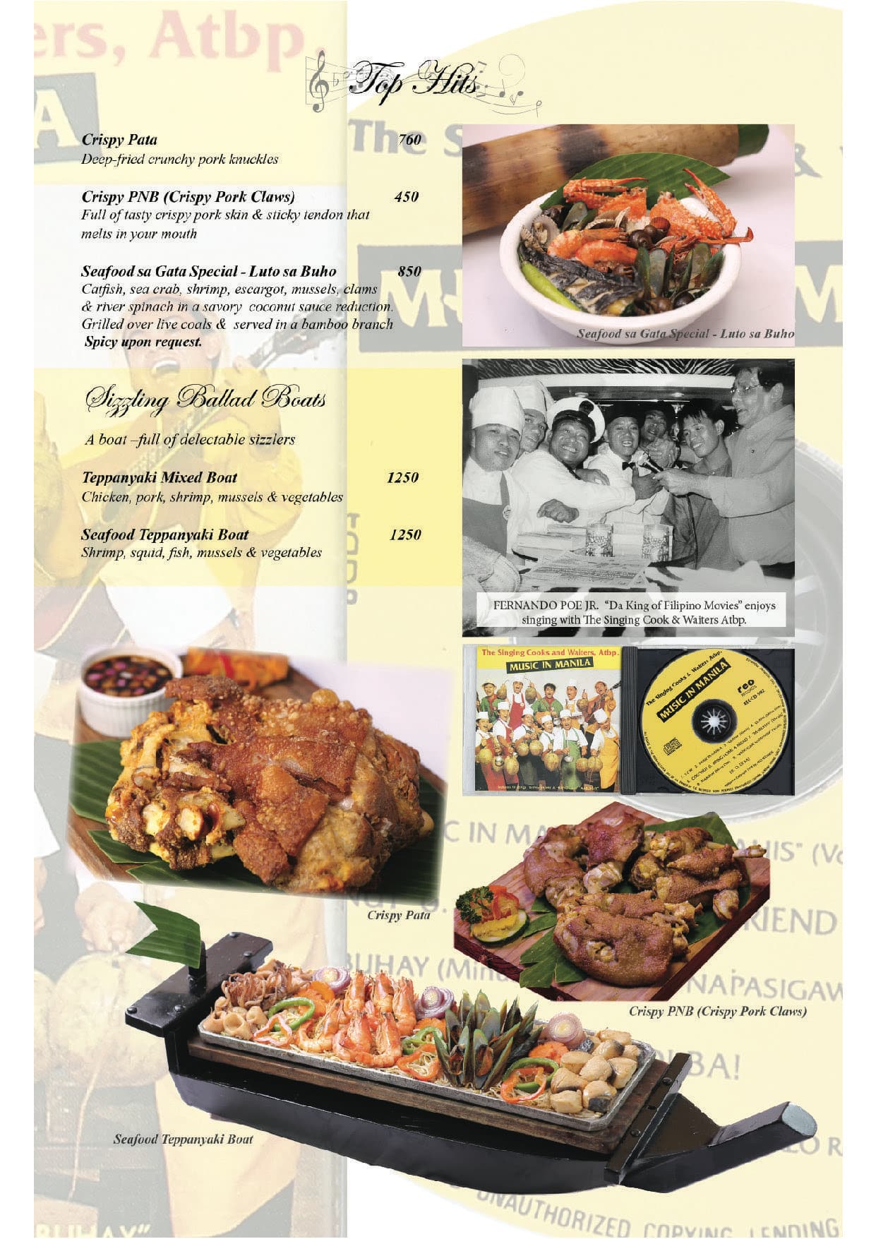 Menu at The Singing Cooks And Waiters restaurant, Pasay
