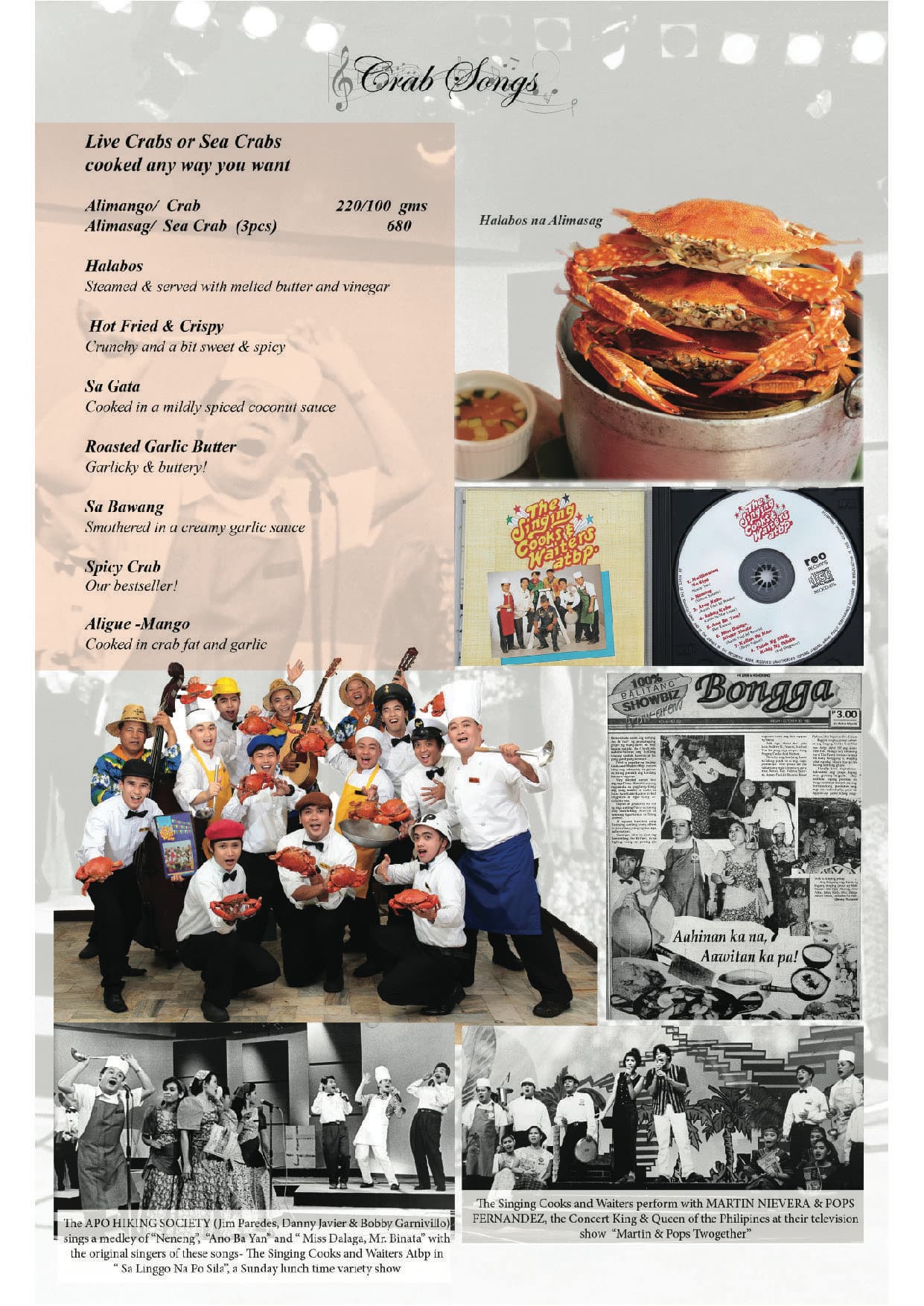 Menu at The Singing Cooks And Waiters restaurant, Pasay