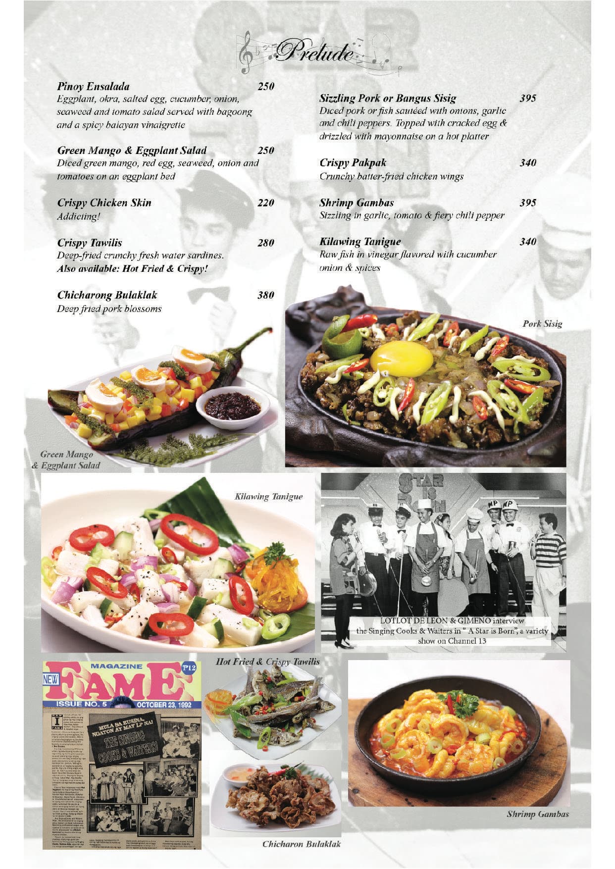 Menu at The Singing Cooks And Waiters restaurant, Pasay