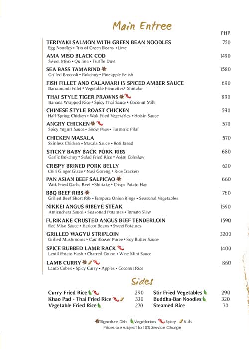 Menu at Buddha Bar Manila, Makati