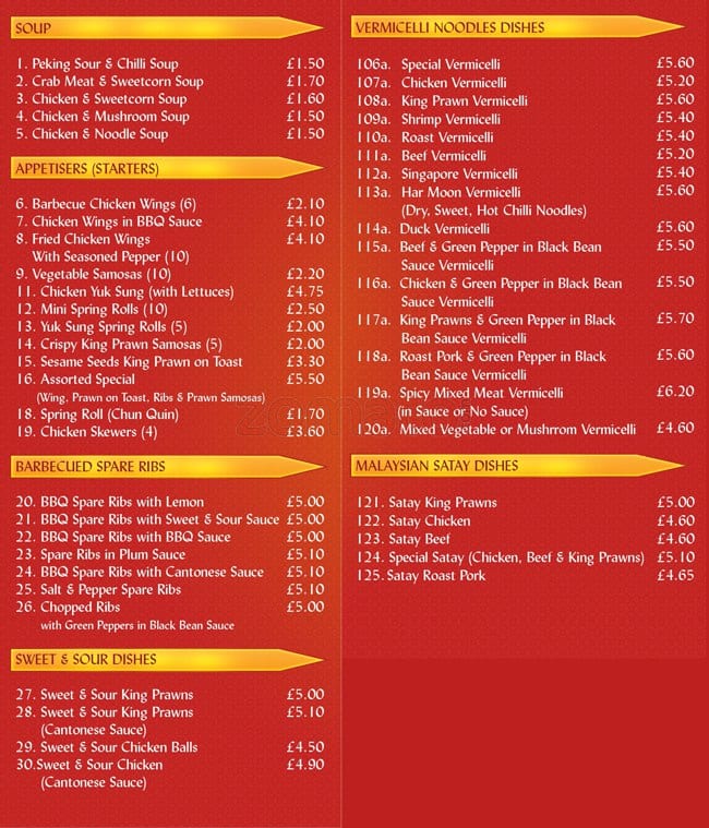 Menu at Ling Tung fast food, Birmingham