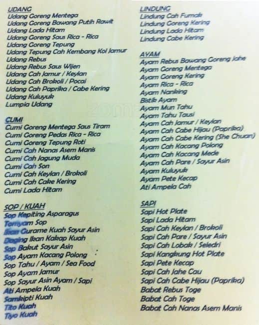 Menu at Restoran Remaja Ceria restaurant, North Jakarta