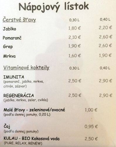 Menu at Veglife restaurant, Bratislava, Mickiewiczova 2256/18