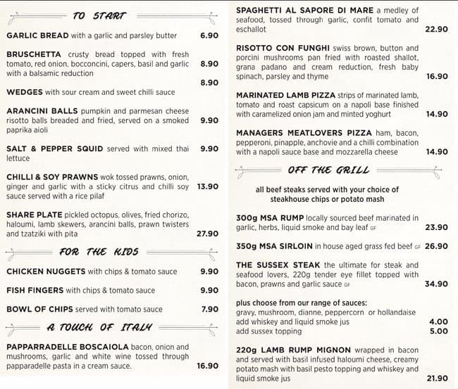 Menu at Sussex Hotel restaurant, Walkerville