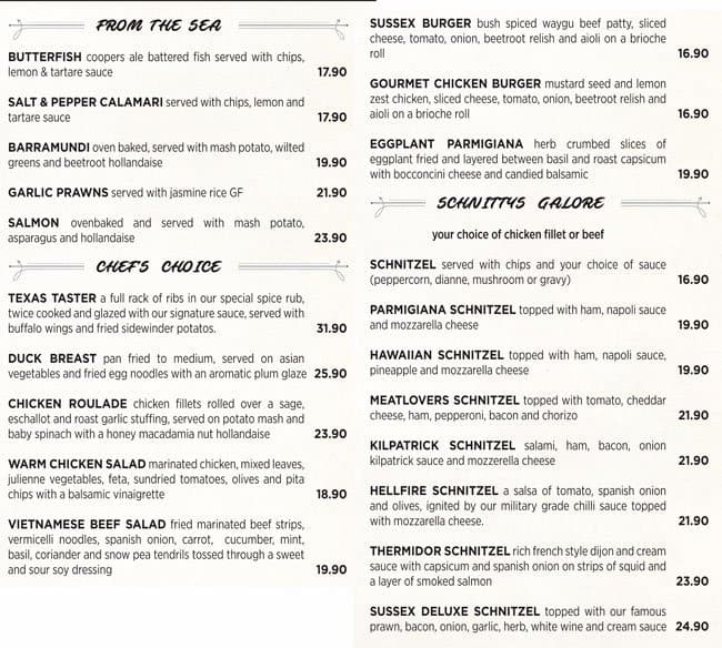 Menu at Sussex Hotel restaurant, Walkerville