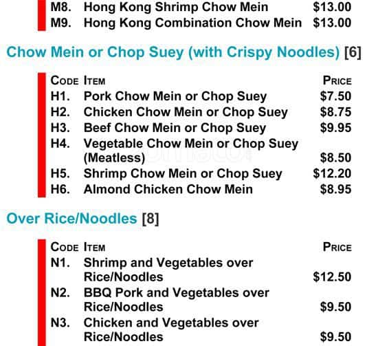 Menu at Wing Ming Restaurant, Lebanon