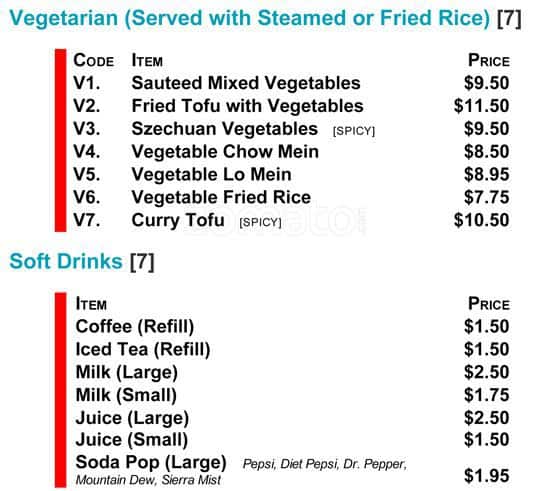 Menu at Wing Ming Restaurant, Lebanon