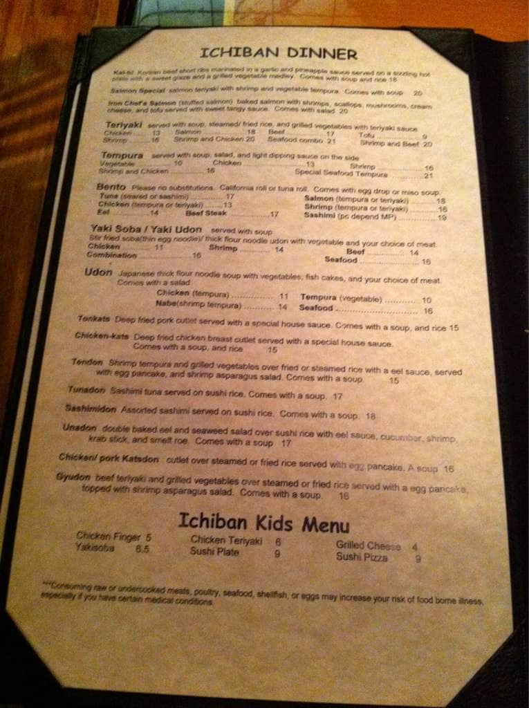 Menu at Ichiban restaurant, Pensacola