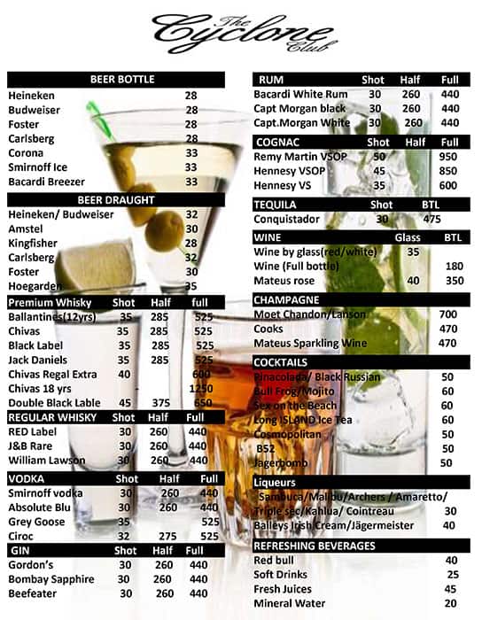 Menu of Cyclone Rooftop Bar - Fortune Grand Hotel, Al Muteena, Dubai