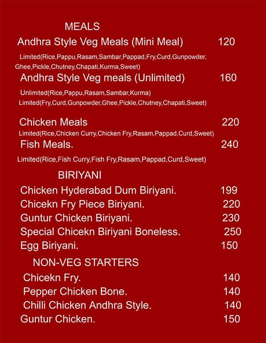 Menu of Andhra Food House, Electronic City, Bangalore