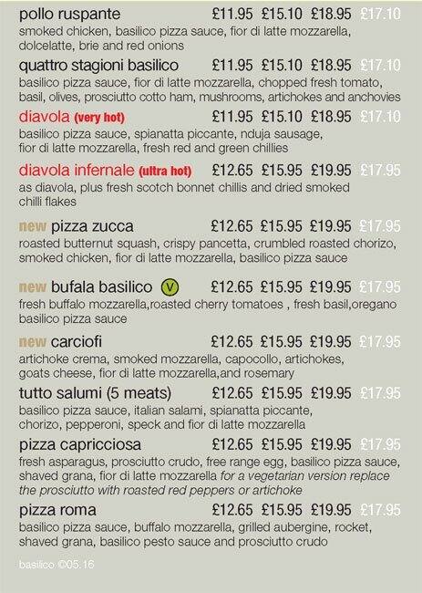 Menu at Basilico pizzeria, London, 653 Commercial Rd