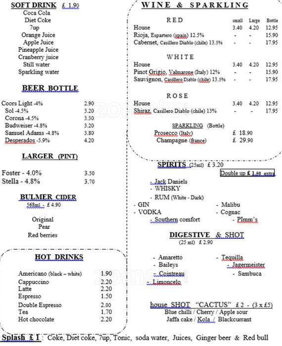 Menu at Cactus Grill restaurant, Wallington, 15 Woodcote Rd