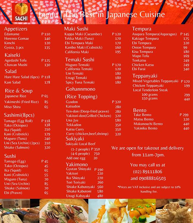 Carta del restaurante Sachi, Ciudad Quezon, 77 General Aguinaldo Ave