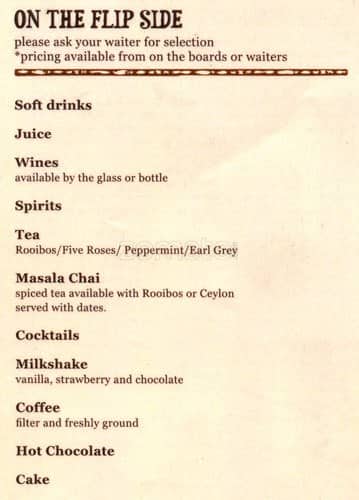 Menu at iKhaya Lodge Restaurant, Cape Town
