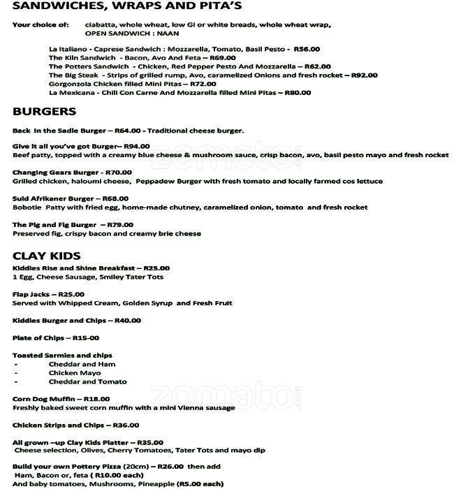 Menu at Clay Café Red Barn, Midrand