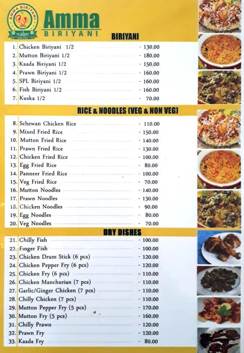 Menu at Amma Briyani, Avadi